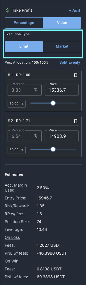 2022/12/9 - v1.17 - Limit take profits, fees included in PnL, shareable ...